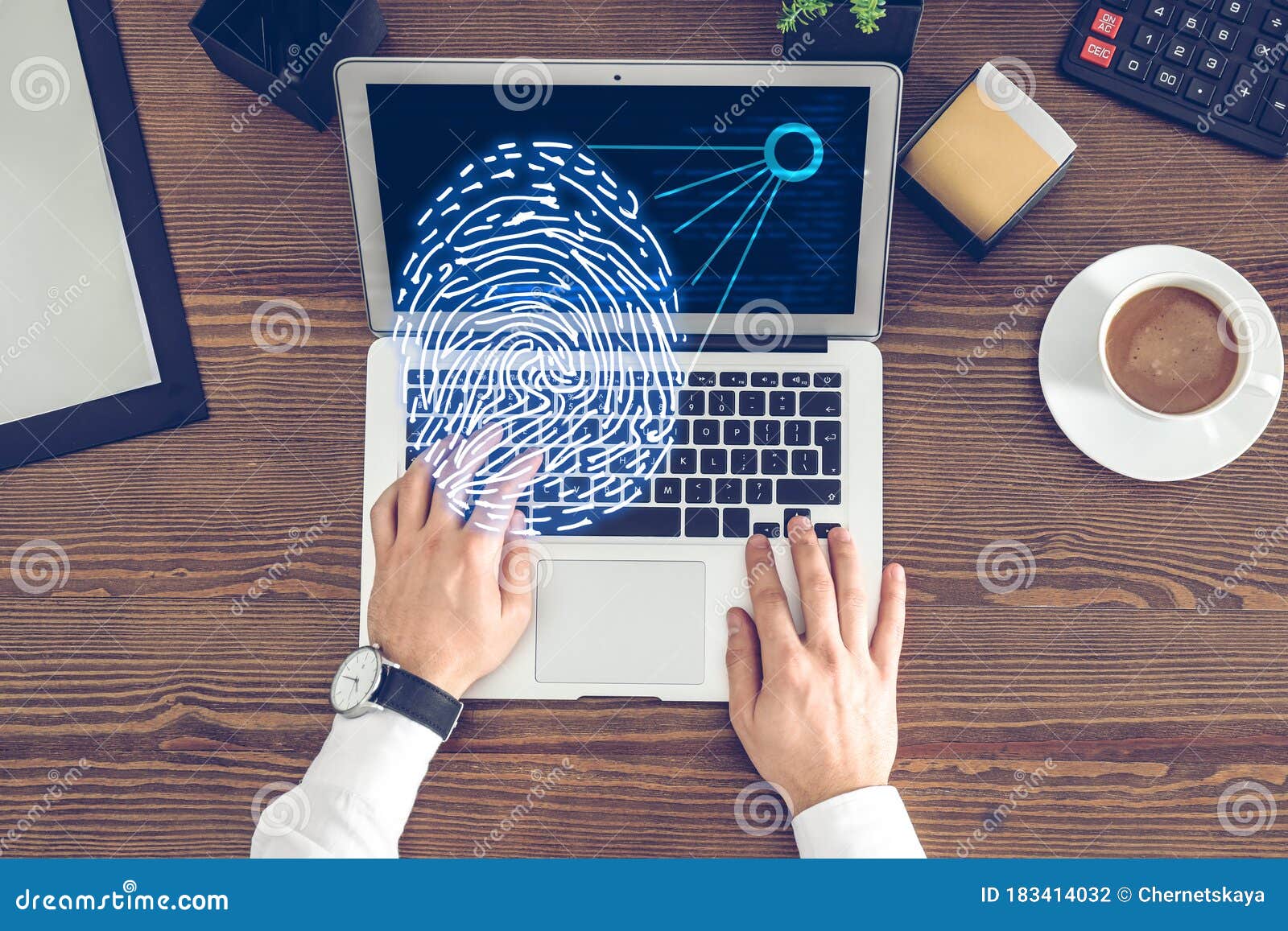 Fingerprint Identification. Man Working with Laptop, Top View Stock ...