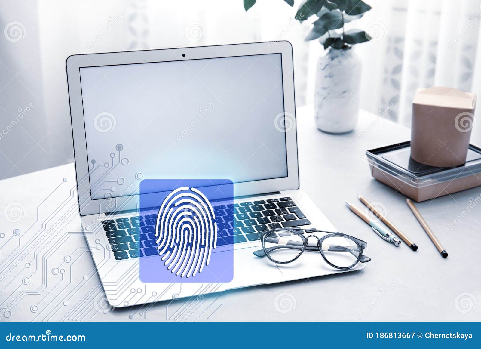 Fingerprint Identification. Modern Laptop on Table Stock Image - Image ...