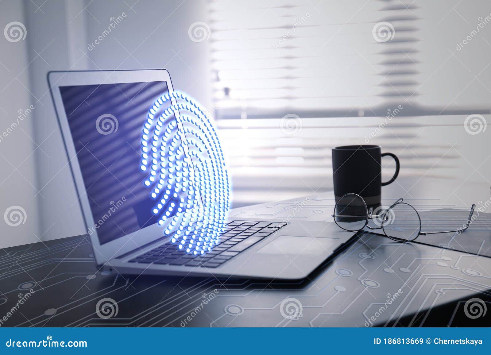 Fingerprint Identification. Modern Laptop on Table Stock Image - Image ...
