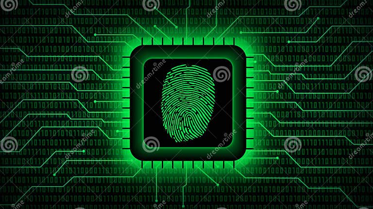 Fingerprint Logo on Chip Sensor - Abstract Background in Green of Blurred Binary Code Behind ...