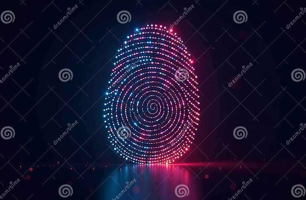 Fingerprint Scanner on Dark Blue Background with Binary Code and Blinking Pixels Stock Photo ...