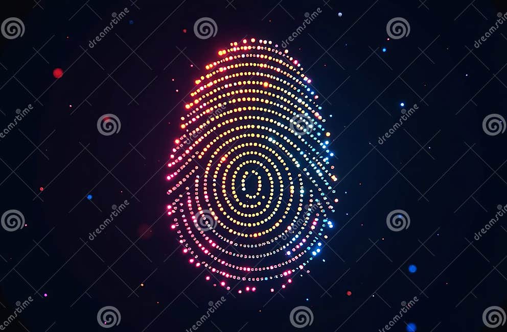 Fingerprint Scanner on Dark Blue Background with Binary Code and Blinking Pixels Stock Image ...