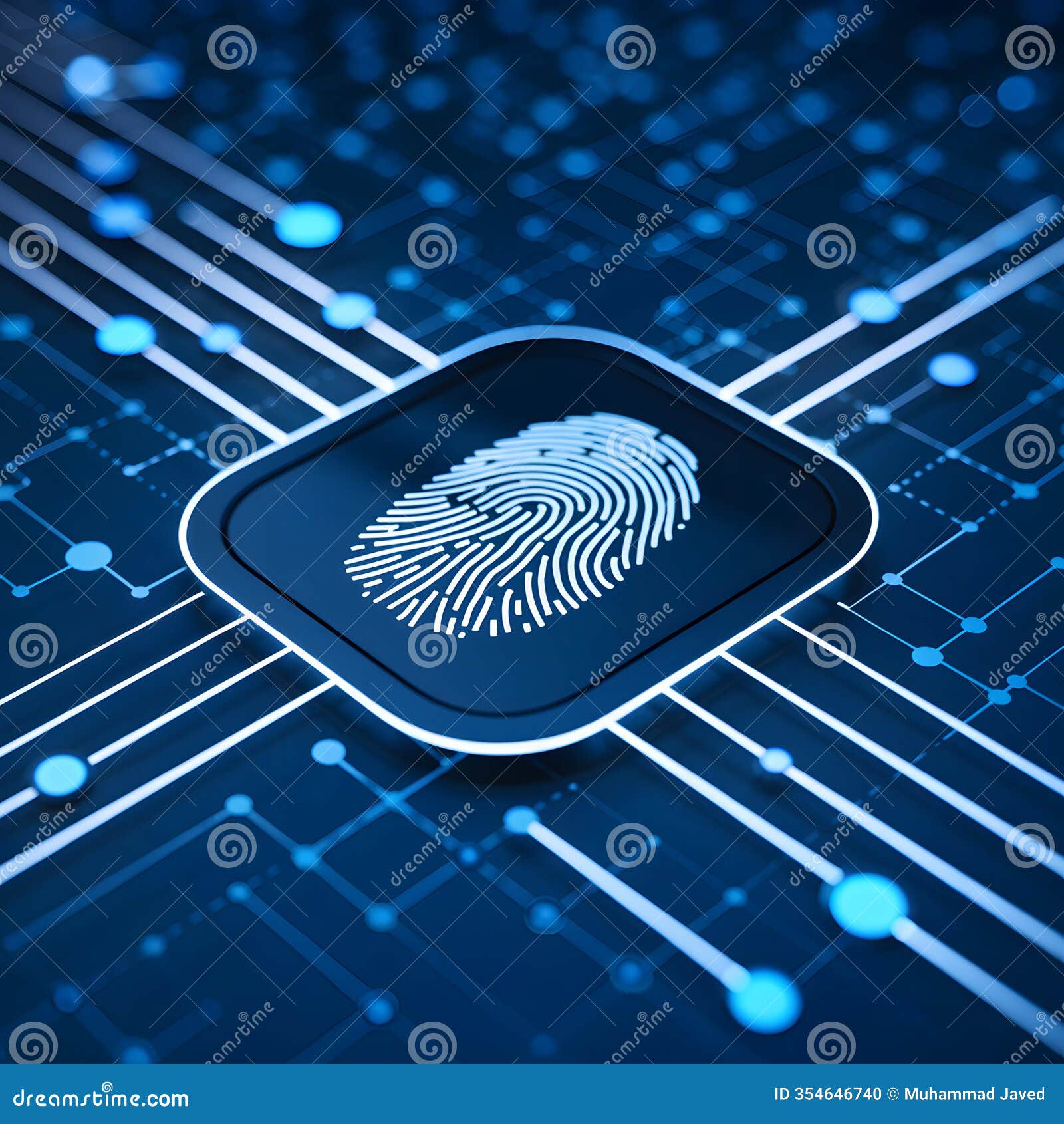 Fingerprint Scanner with Neon Blue Lines and Dots on a Dark Background ...
