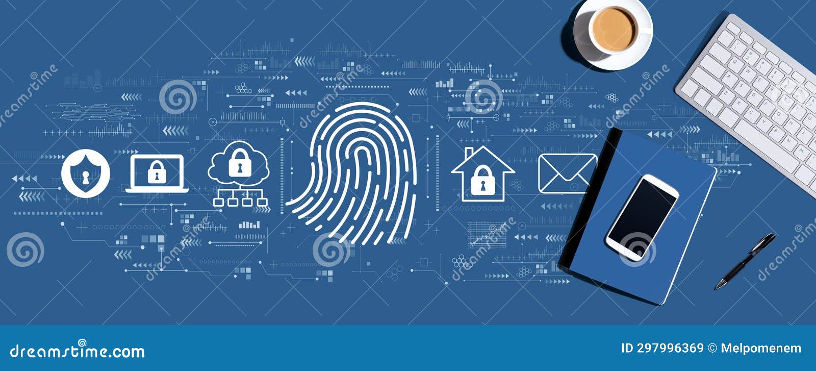 Fingerprint Scanning Theme with Computer Keyboard and Office Items ...