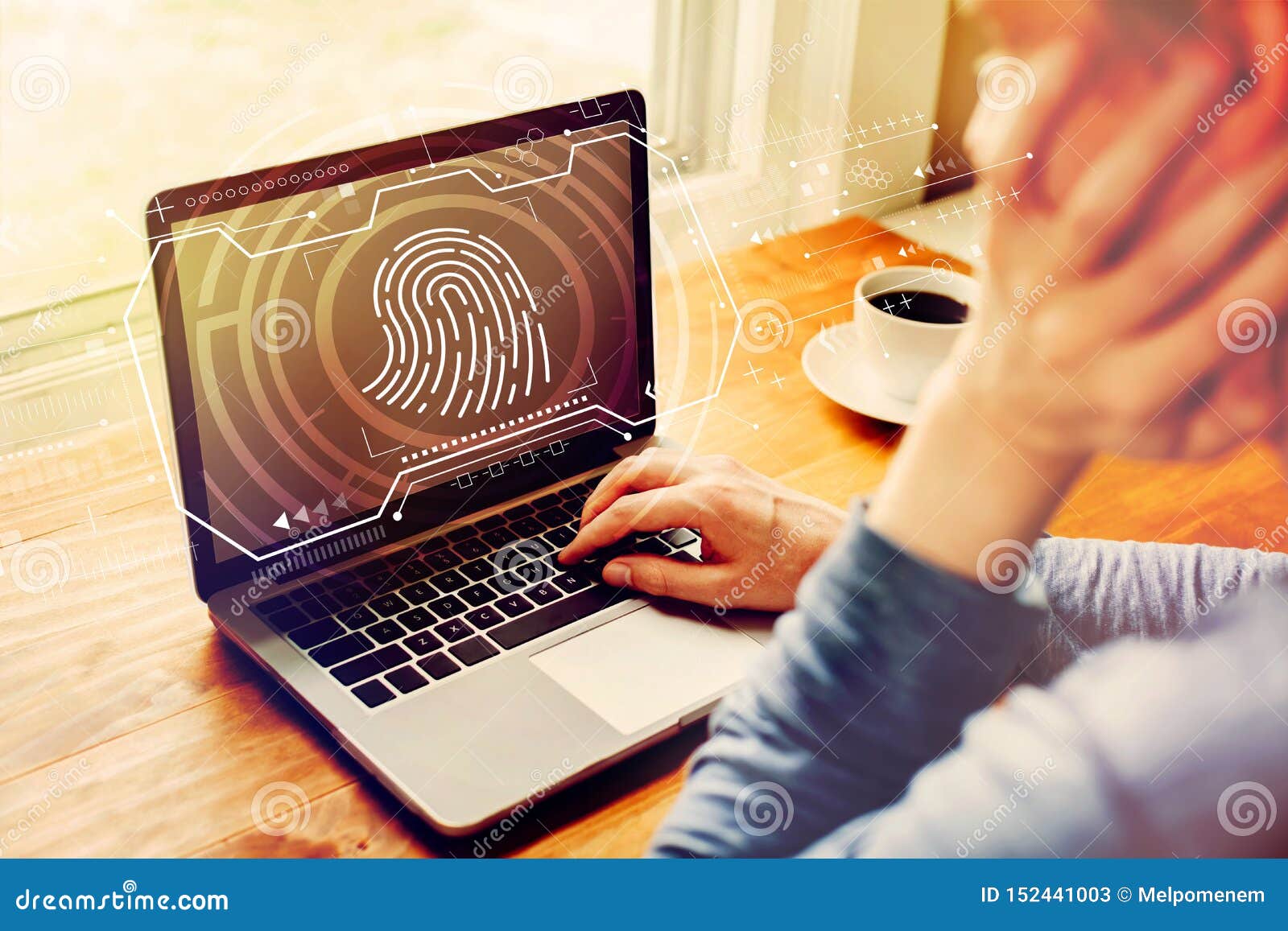 Fingerprint Scanning Theme with Man Using a Laptop Stock Image - Image ...