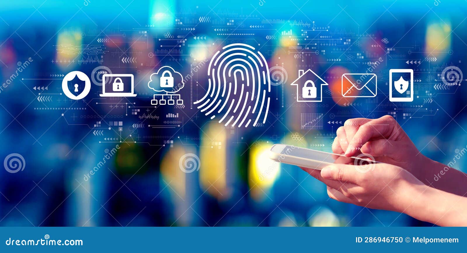 Fingerprint Scanning Theme with Person Using a Smartphone at Night ...