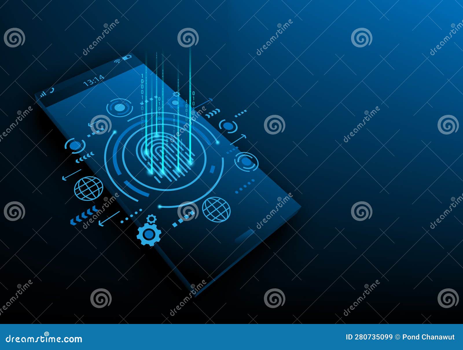 Fingerprint Technology with Phone on Blue Dark Background. Mobile ...