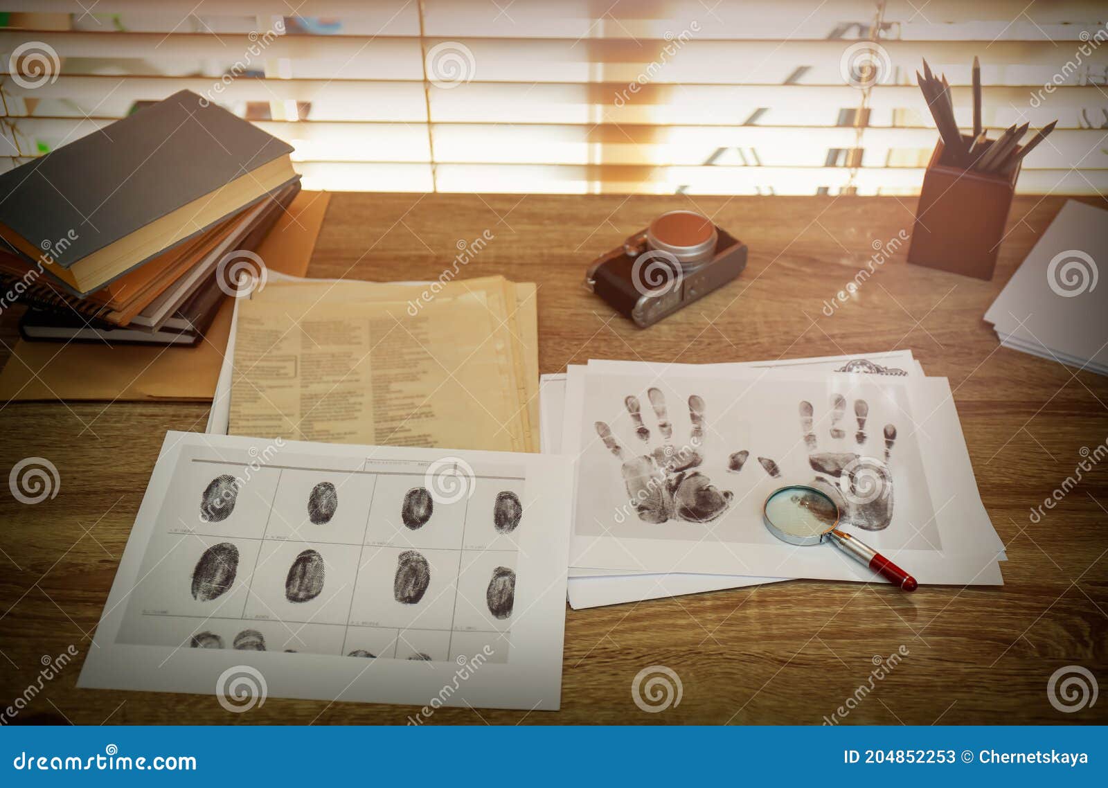 Fingerprints and Papers on Desk in Office. Detective`s Workplace Stock ...