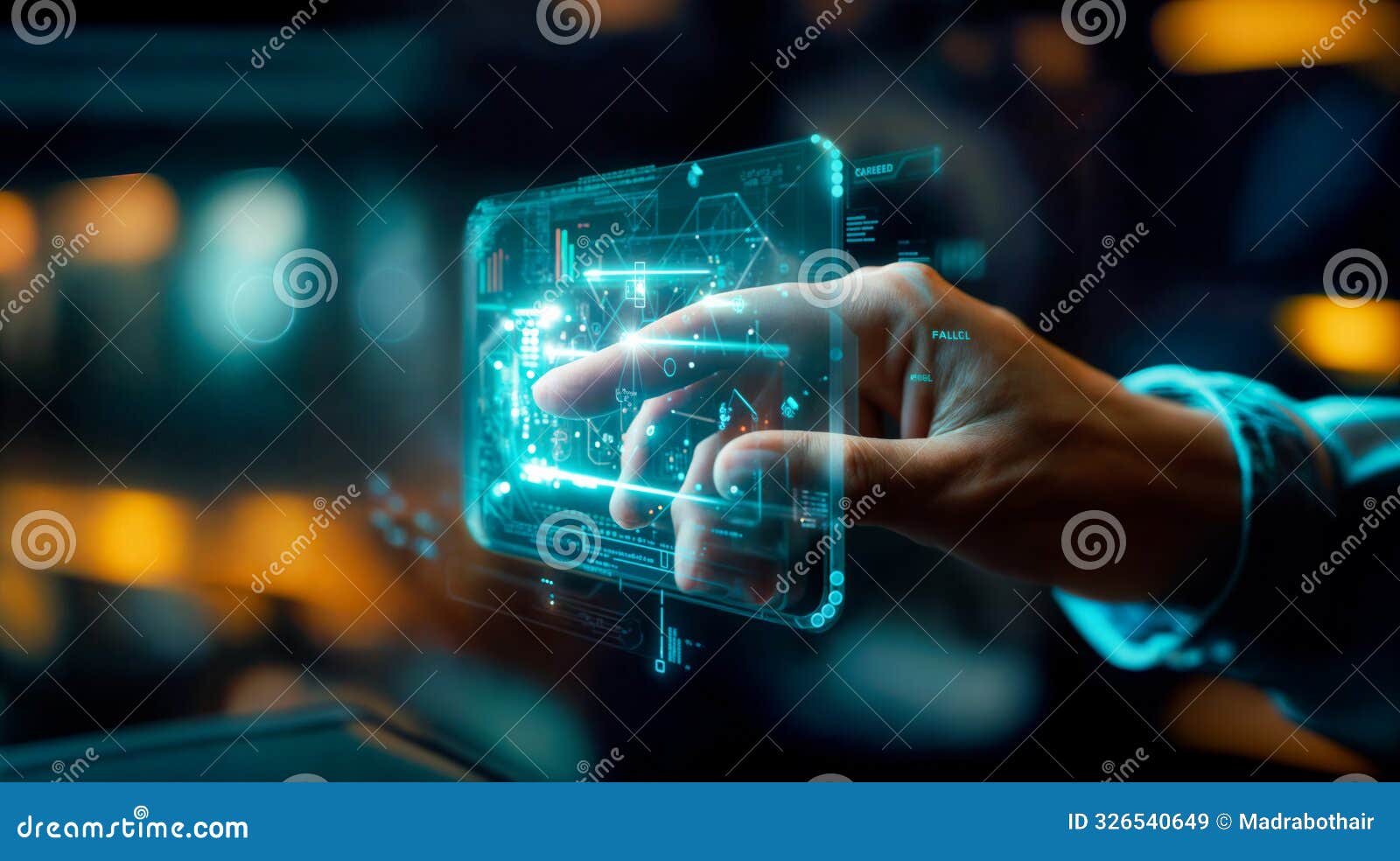 Fingers Touch the Virtual Screen of a Transparent Futuristic Cell Phone ...