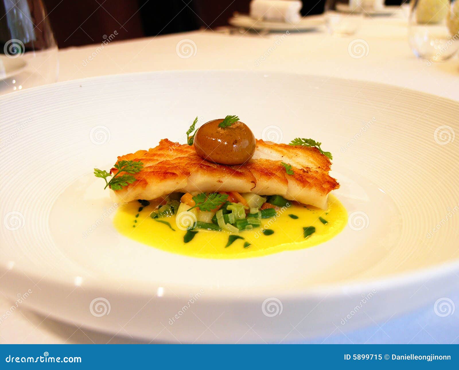 Fining Dining Entree: Crispy Pork Belly With Bean Stew And BBQ P Stock ...