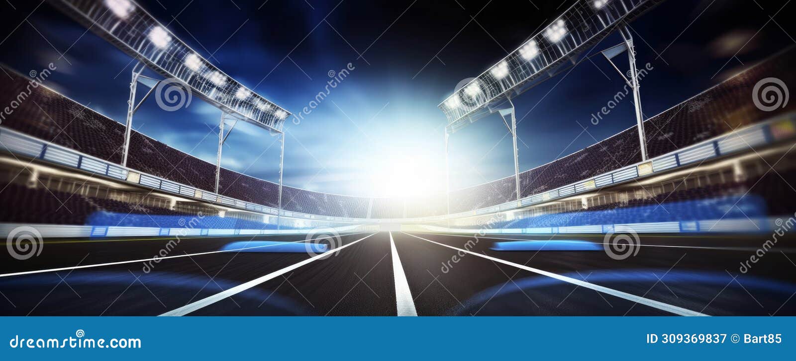 Finish Gate on Racetrack Stadium and Spotlights in Motion Blur ...