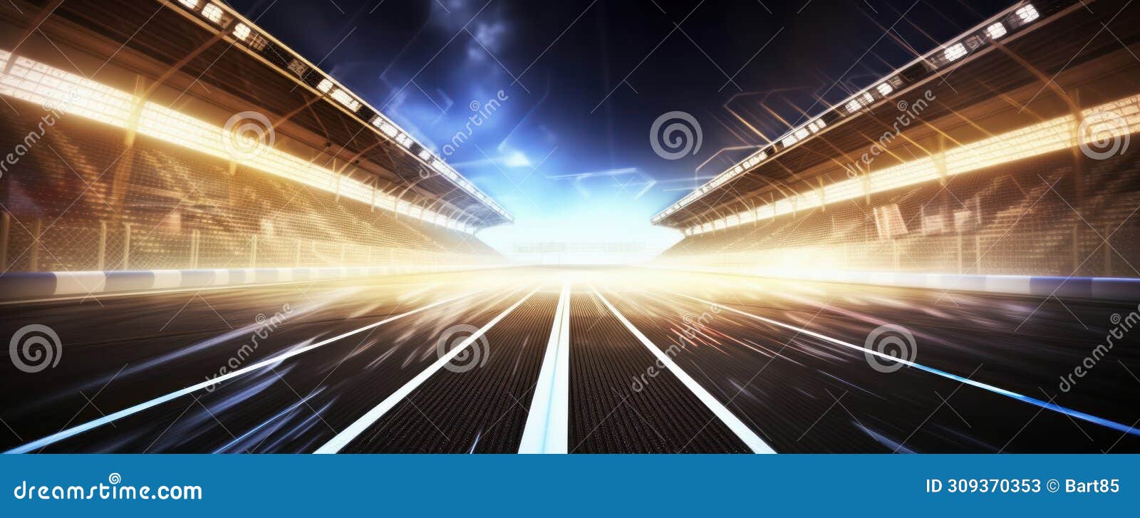 Finish Gate on Racetrack Stadium and Spotlights in Motion Blur ...