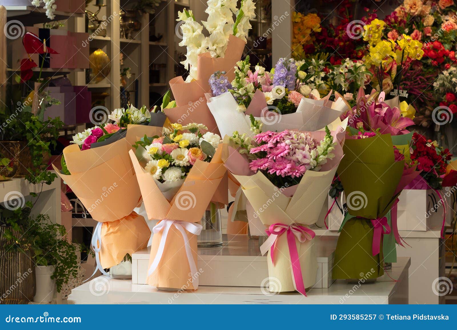Finished Bouquets on the Table in the Shop. Flower Shop Concept Stock ...