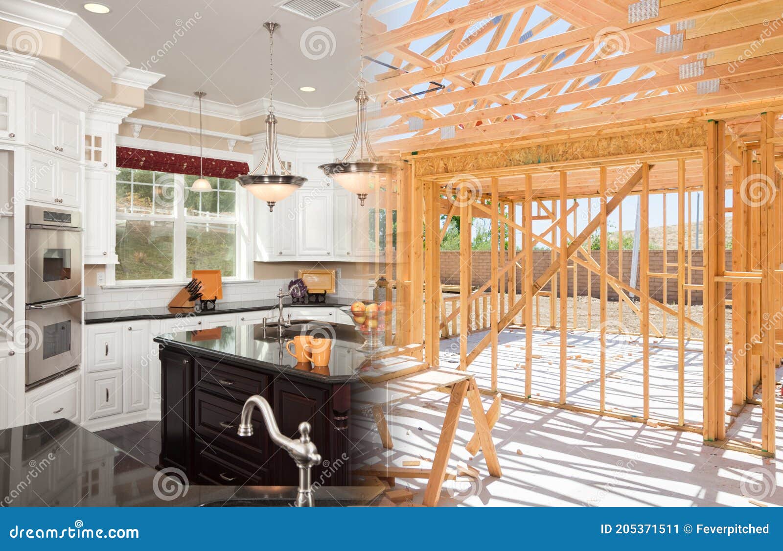 Finished Custom Kitchen Build Gradating into House Construction Framing ...