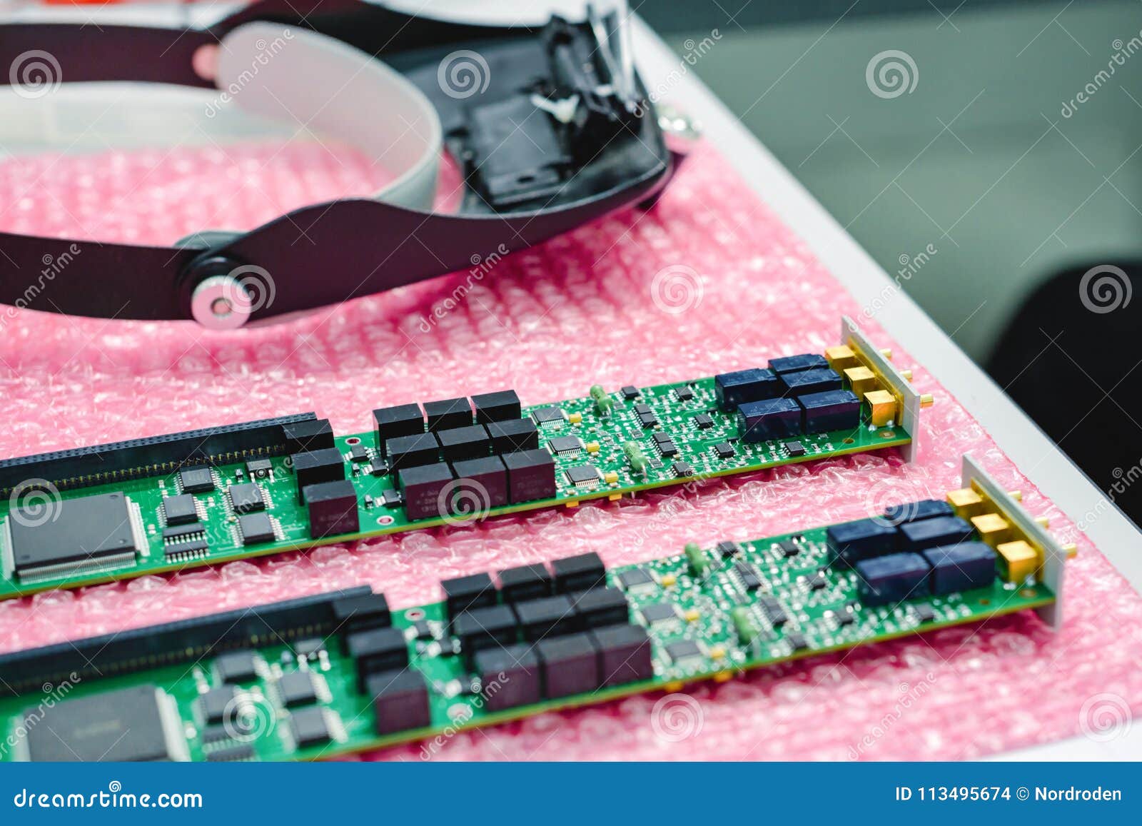 The Finished Electronic Boards Lie on a Pink Polyethylene Substrate ...