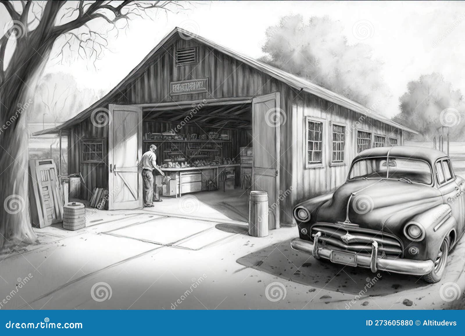 Finished Pencil Sketch of Garage, with Tools, Tools and Vehicles in the ...