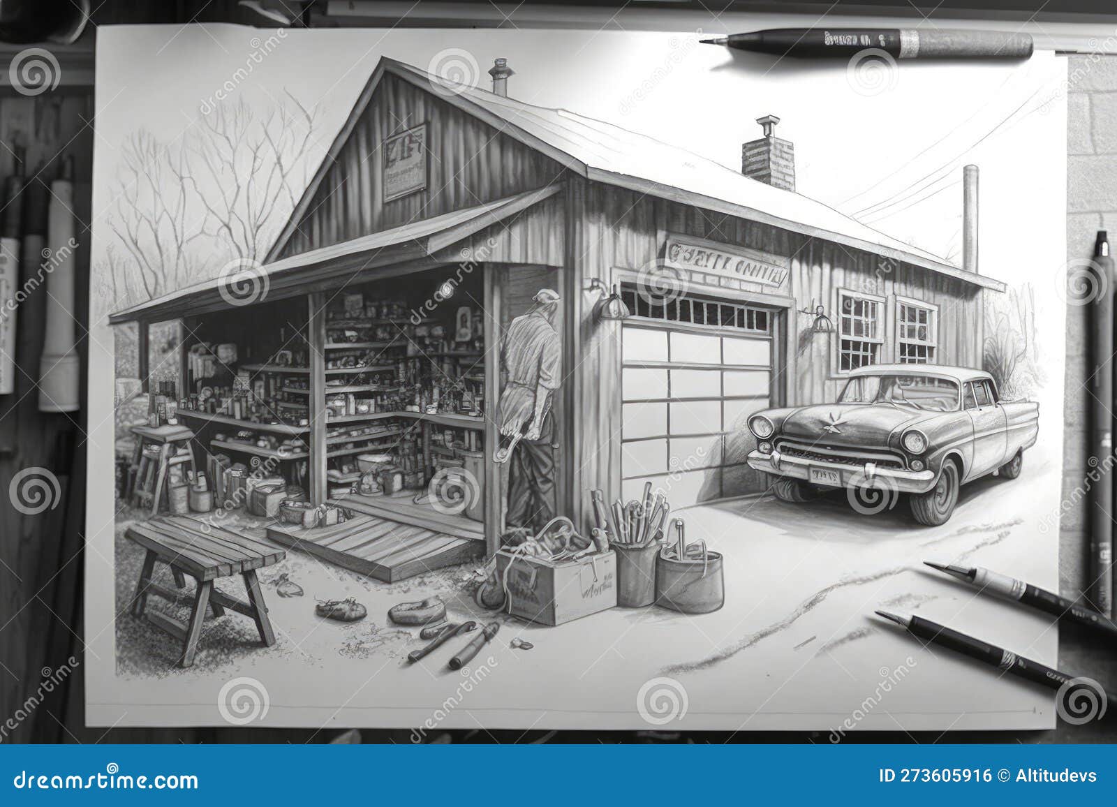 Finished Pencil Sketch of Garage, with Tools, Tools and Vehicles in the ...