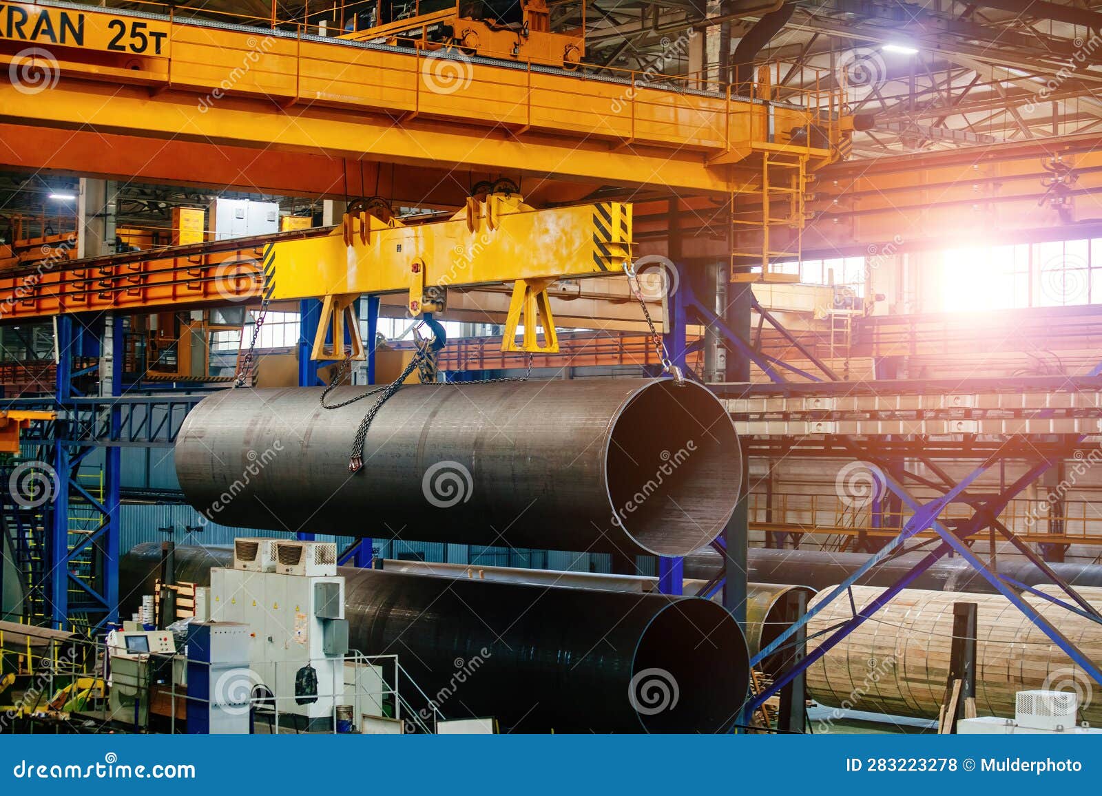 Finished Pipe Transportation by Overhead Crane in Pipe Factory Stock ...