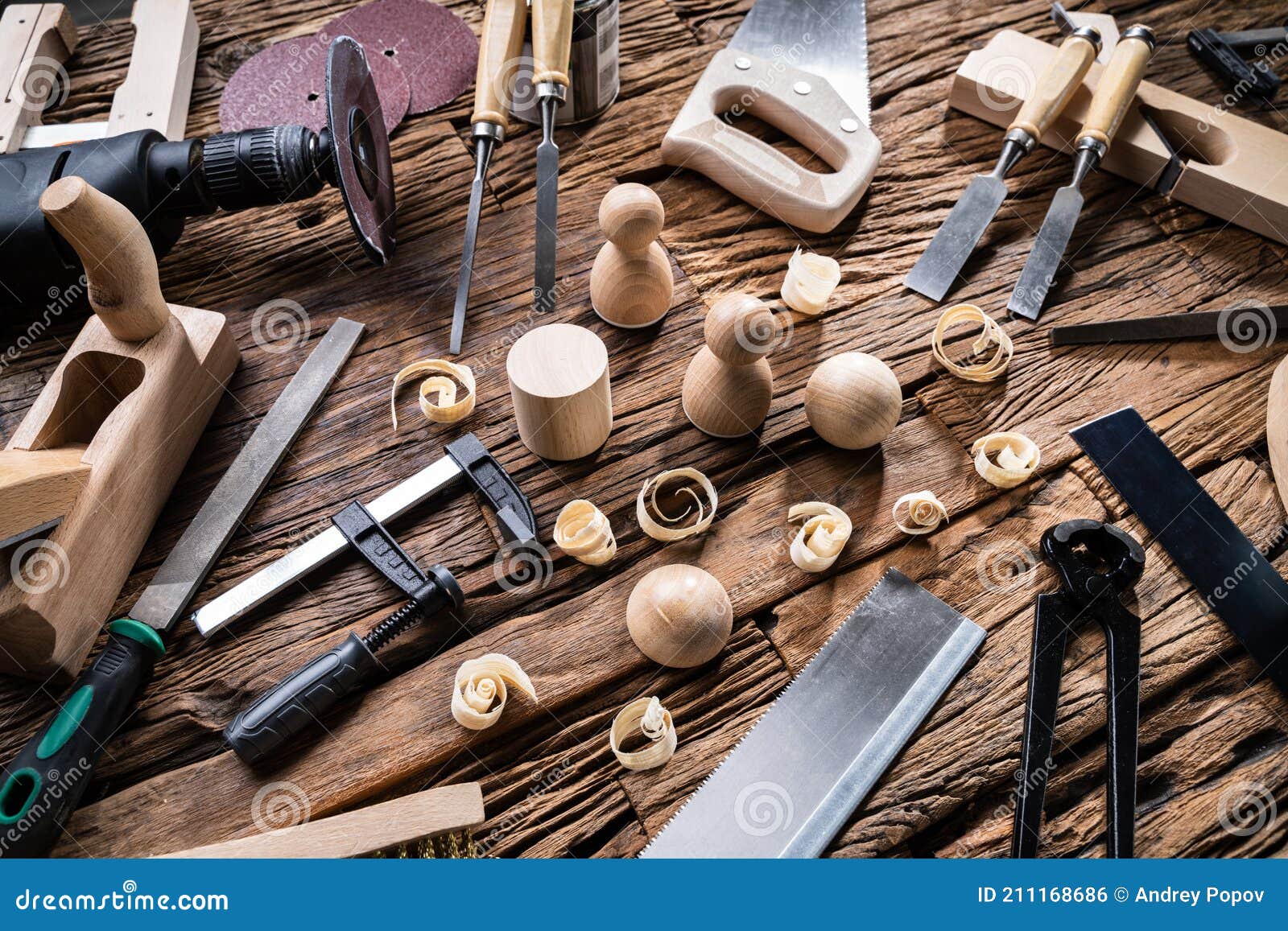 Finished Wooden Objects and Various Carpenter Tools Stock Photo - Image ...