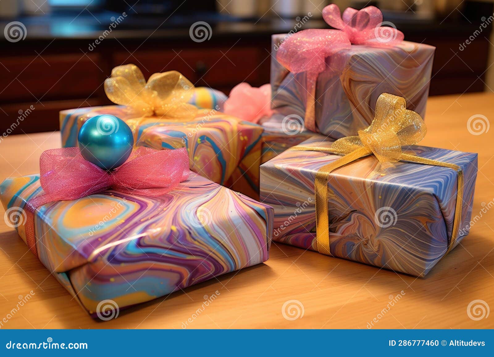 Finished Wrapped Gifts in Various Shapes Stock Photo - Image of ...