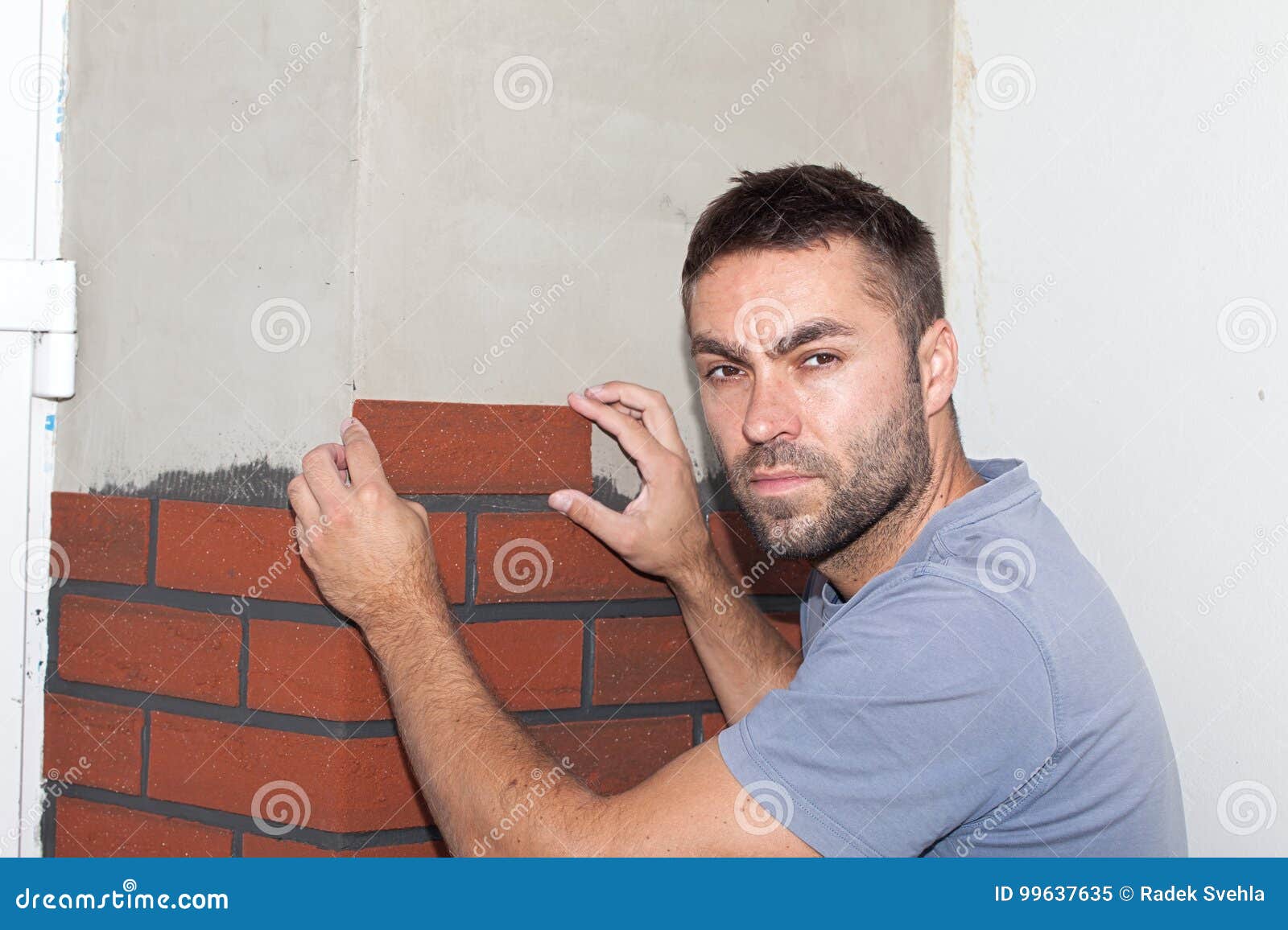Worker Stuck Stone Cladding On The Facade. Stock Image | CartoonDealer ...