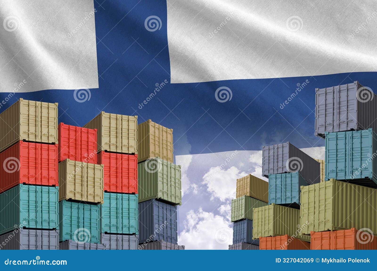 Finland Flag and Big Stack of Shipping Cargo Containers in Docks with ...