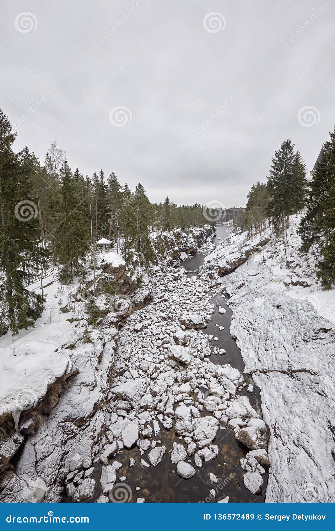 Finland Imatra River Canyon Cliffs and Pine Trees in Winter Stock Image ...