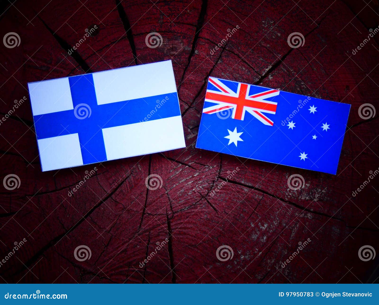 Finnish Flag with Australian Flag on a Tree Stump Stock Image - Image ...