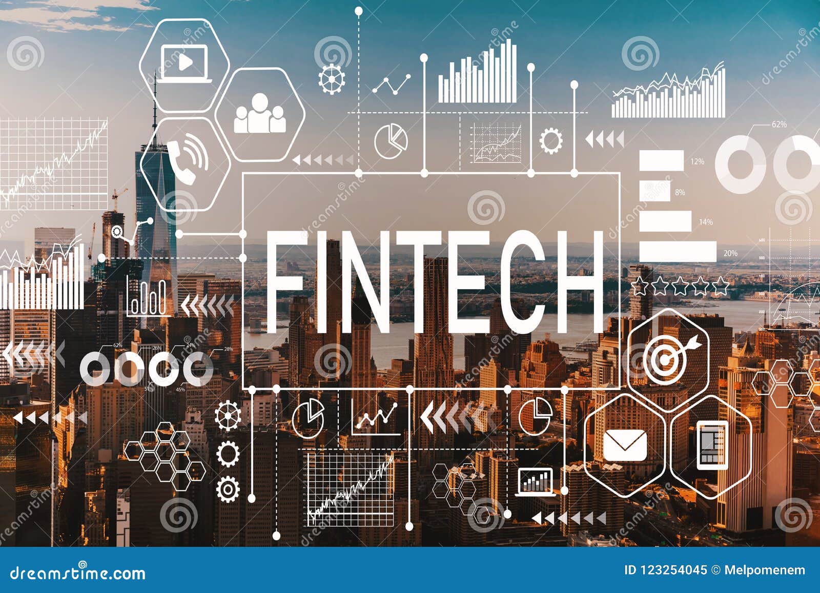 Fintech with Aerial View of NY Skyline Stock Illustration - Illustration of diagrams ...
