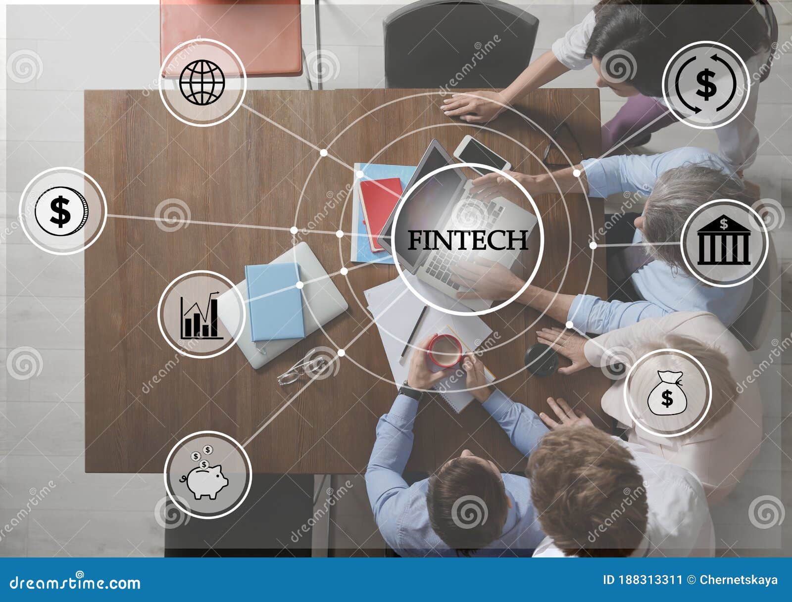 Fintech Concept. Business People Working at Table in Office Stock Image ...