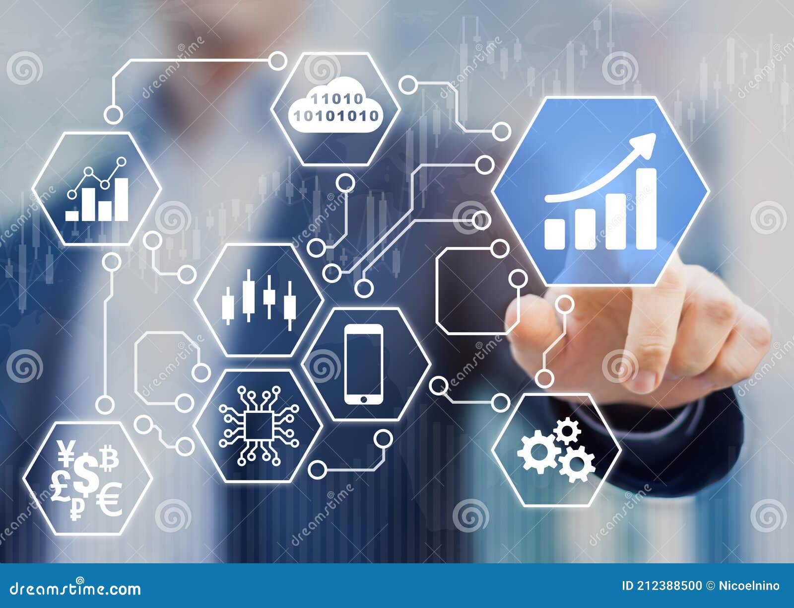 Fintech Concept, Businessman Touching BI Analytics Data Icons ...