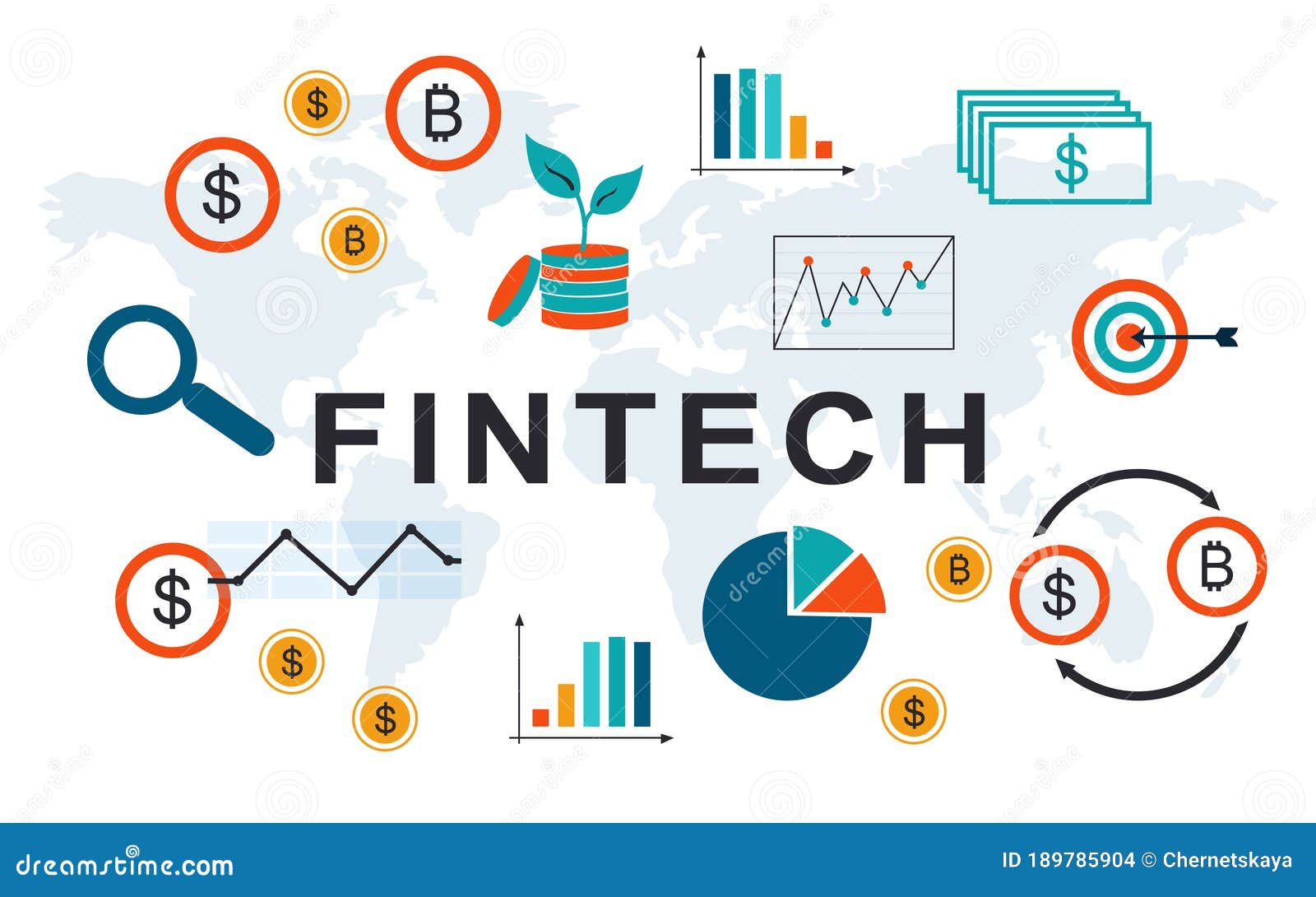 Fintech Concept. Illustration of Different Icons and World Map on ...