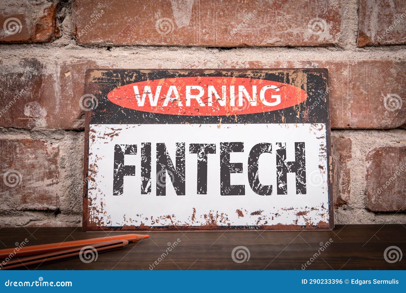 Fintech Concept. Warning Sign on Wooden Texture Office Desk Stock Photo - Image of management ...