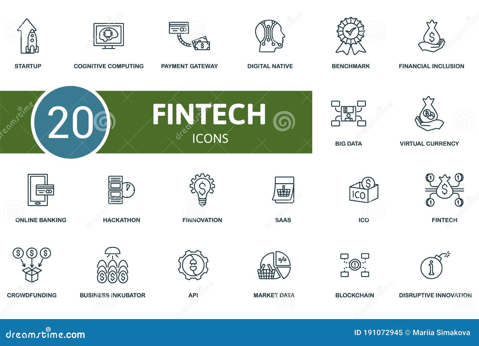 Fintech Icon Set. Collection Contain Virtual Currency, Hackathon ...