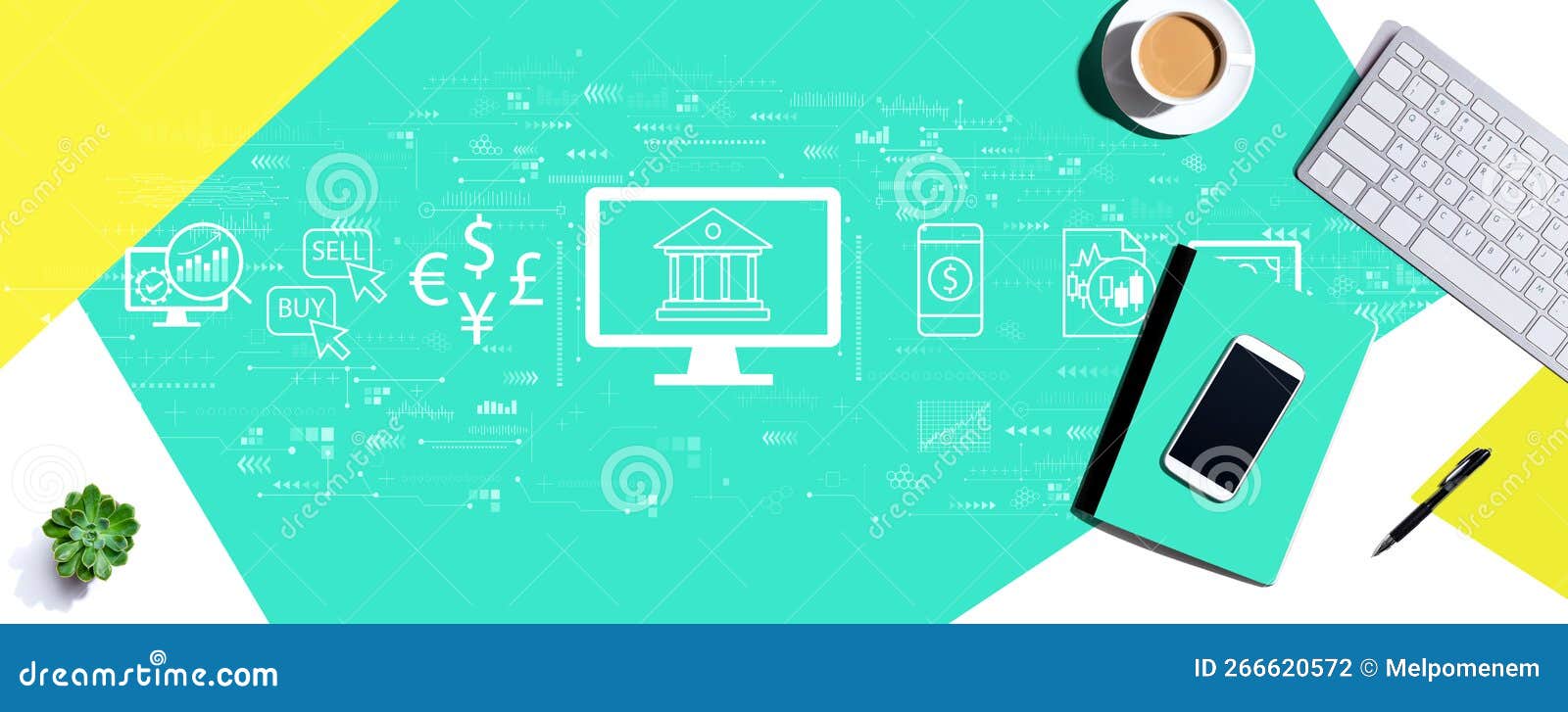 Fintech Theme with Computer Keyboard and Office Items Stock Photo ...