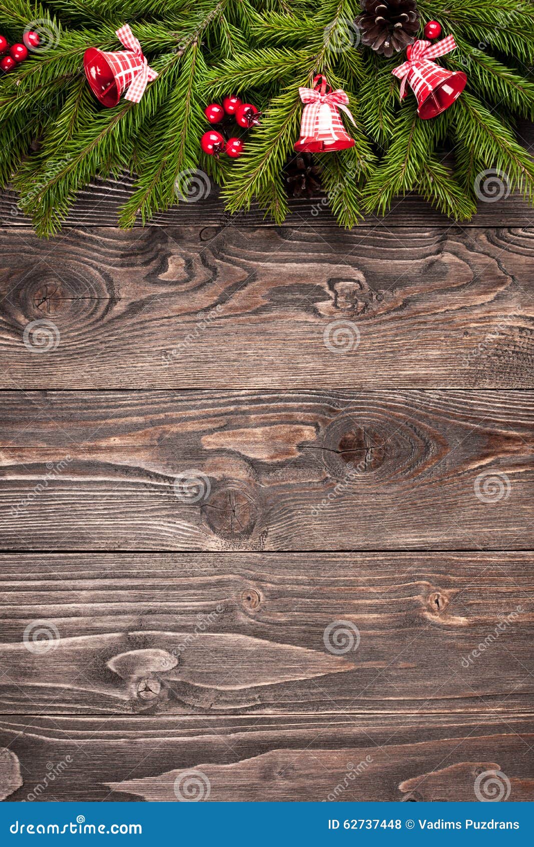 Fir Tree Decorated Bells on Dark Wooden Background Stock Photo - Image ...