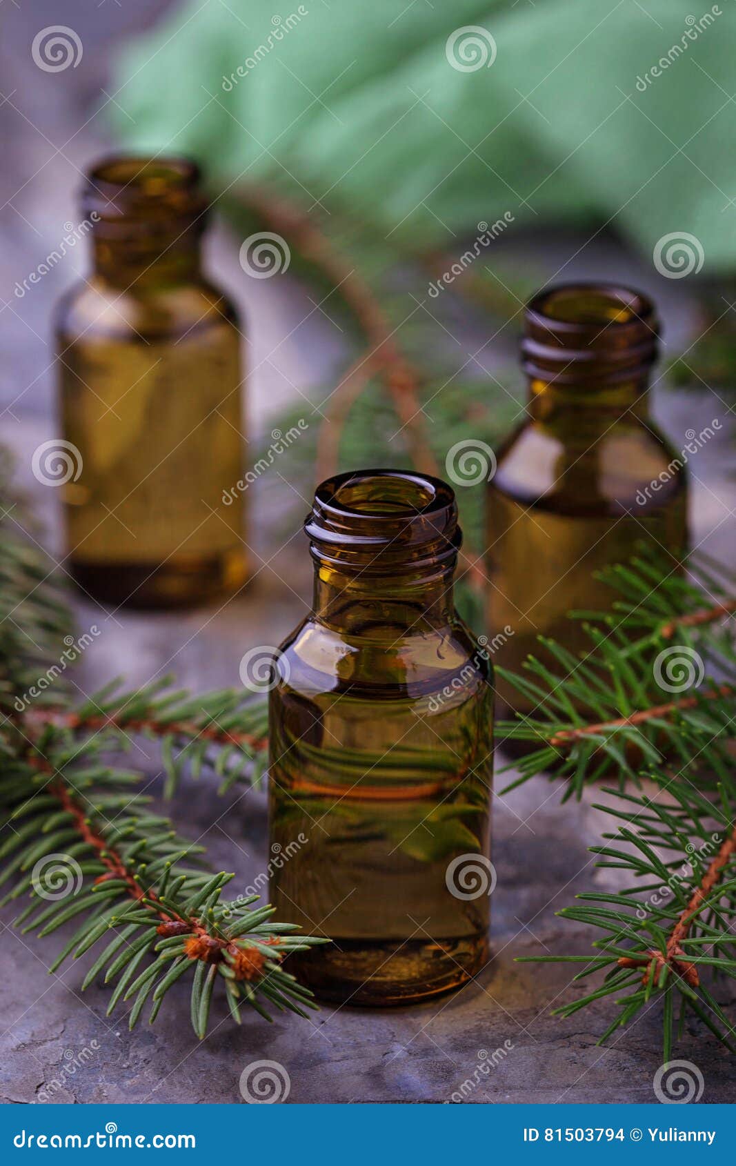 Fir Tree Essential Oil in Small Bottles Stock Photo - Image of ...