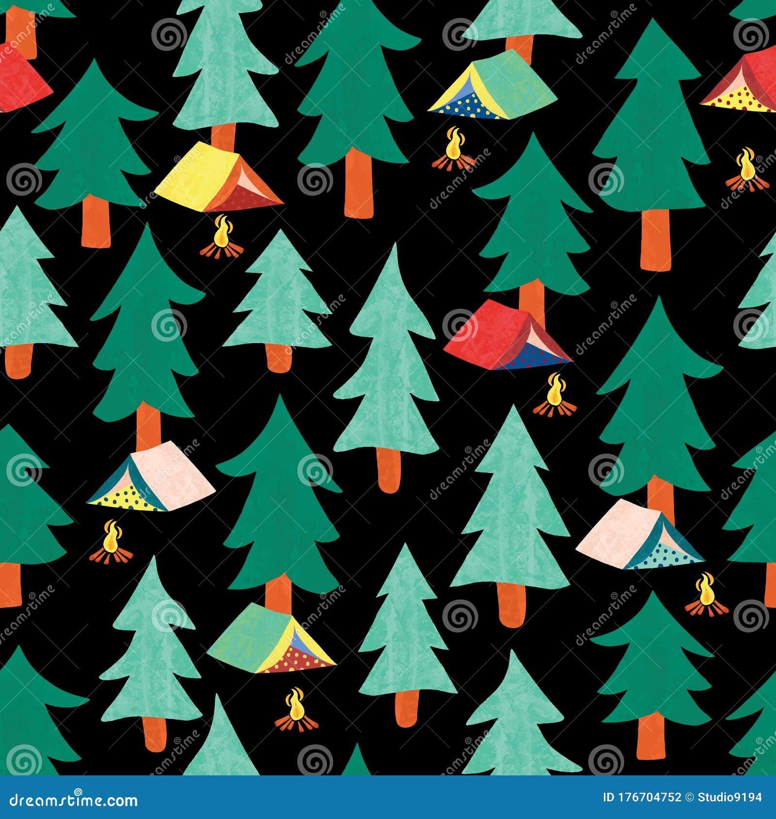 Camping Tents between Fir Tree Forest Seamless Vector Pattern ...