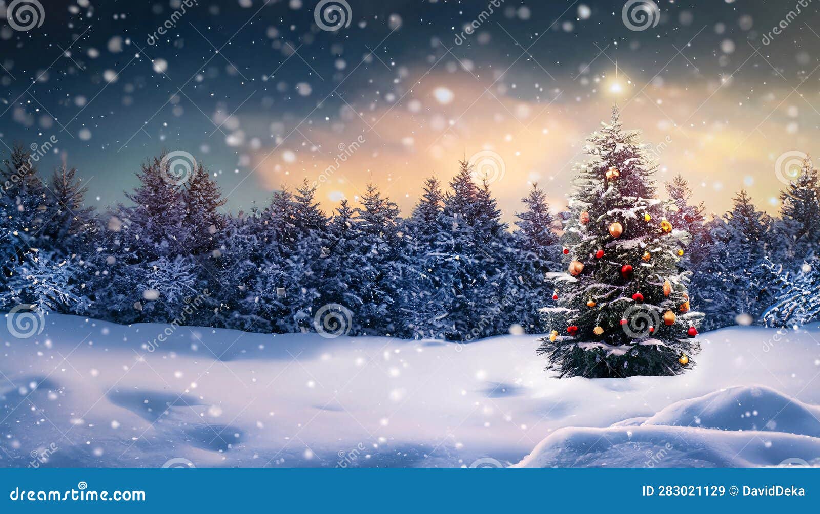 Fir Tree in Snowy Forest at Night. 3D Rendering Stock Illustration ...