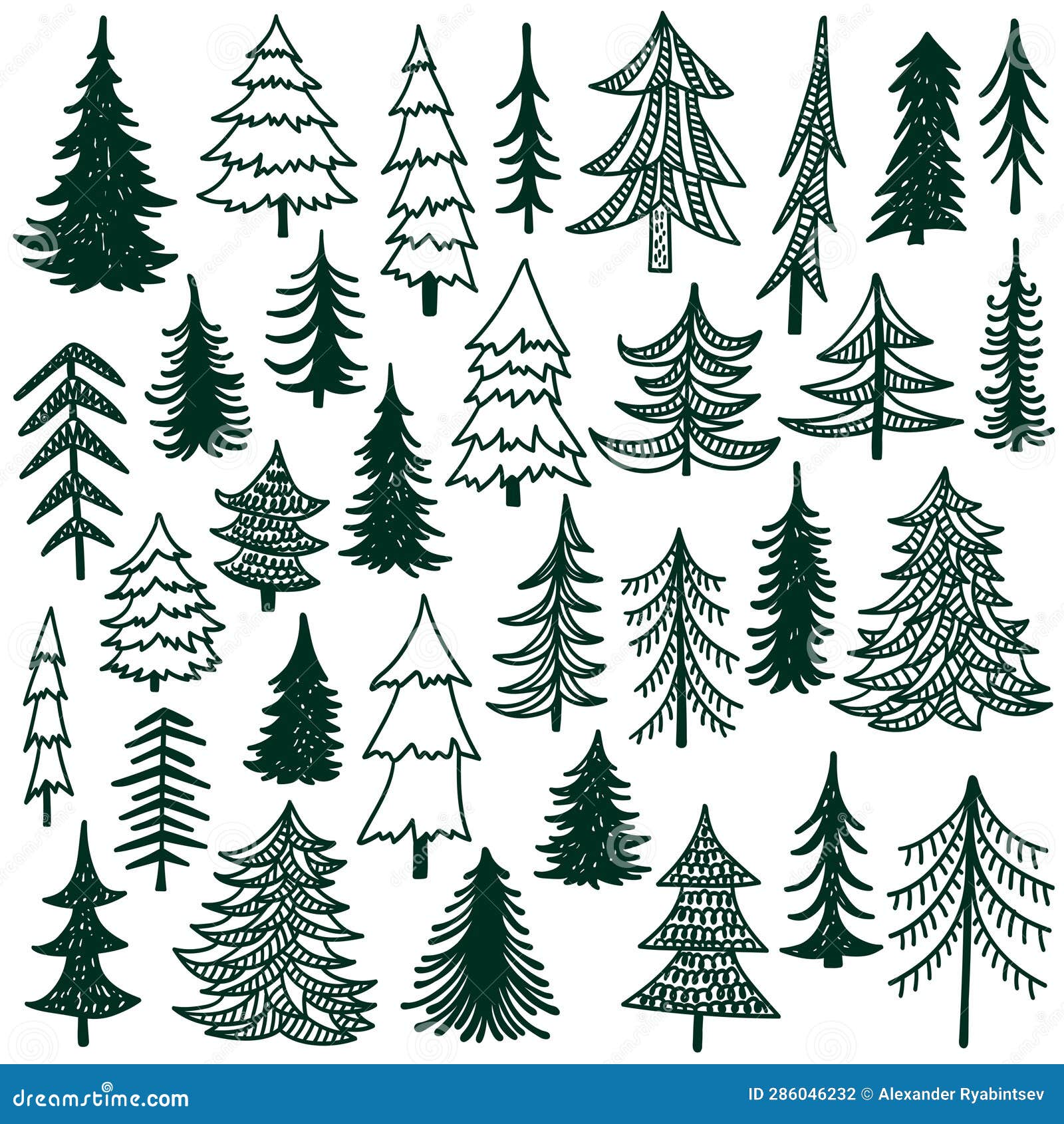 Fir Trees Hand Drawn Doodles Vector Illustration Stock Illustration ...