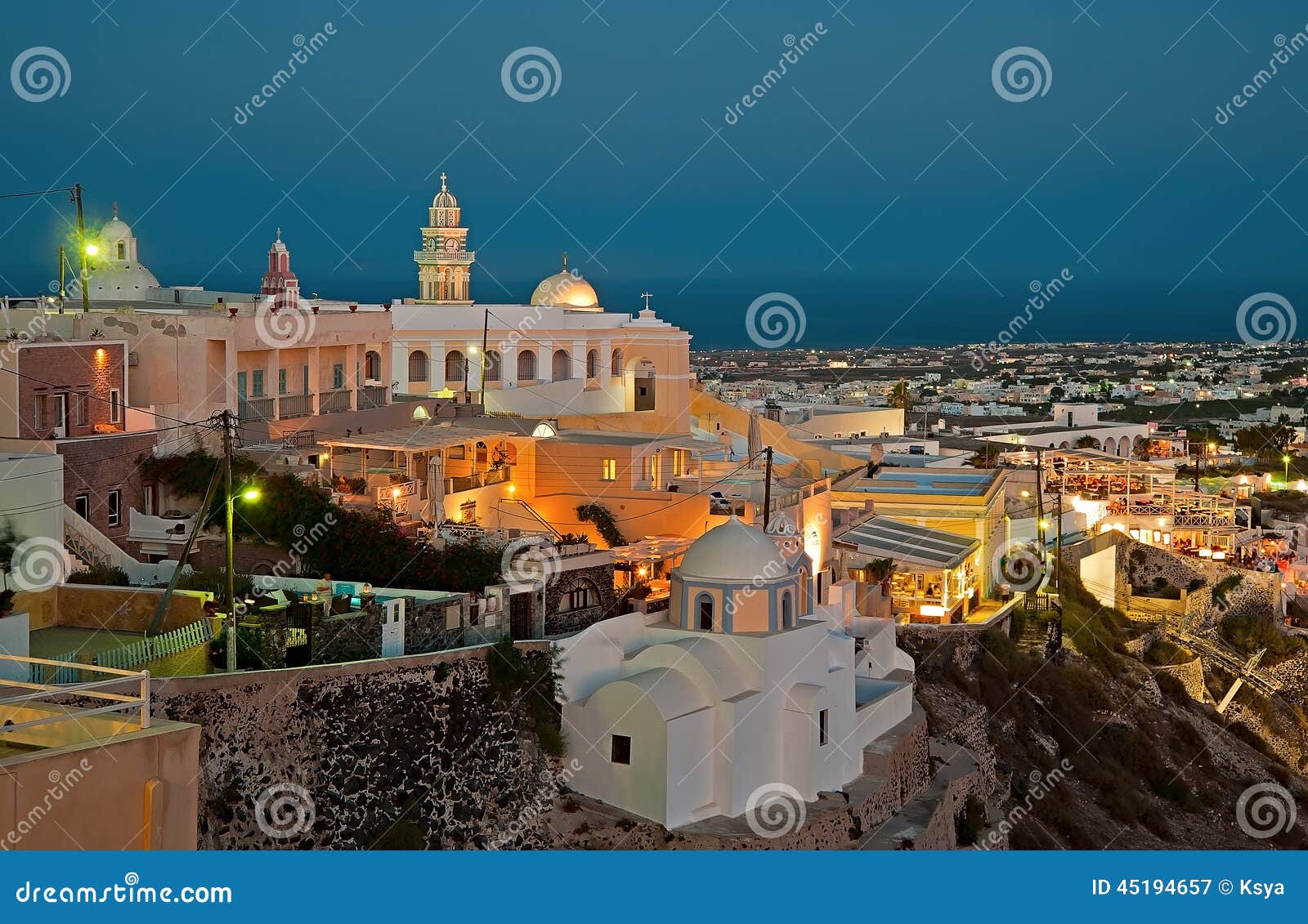Fira Panorama at Santorini, Greece at Night 3 Stock Image - Image of ...
