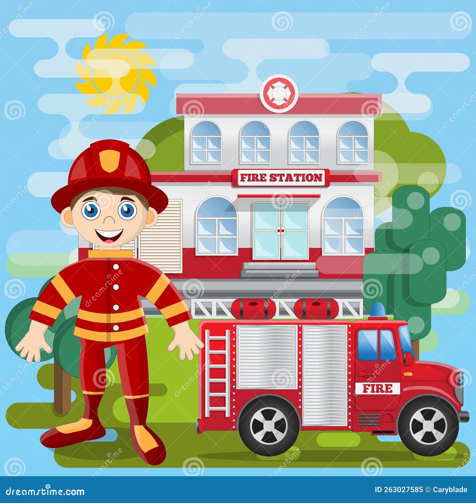 Cute Fireman on the Background of the Fire Station. Stock Vector ...