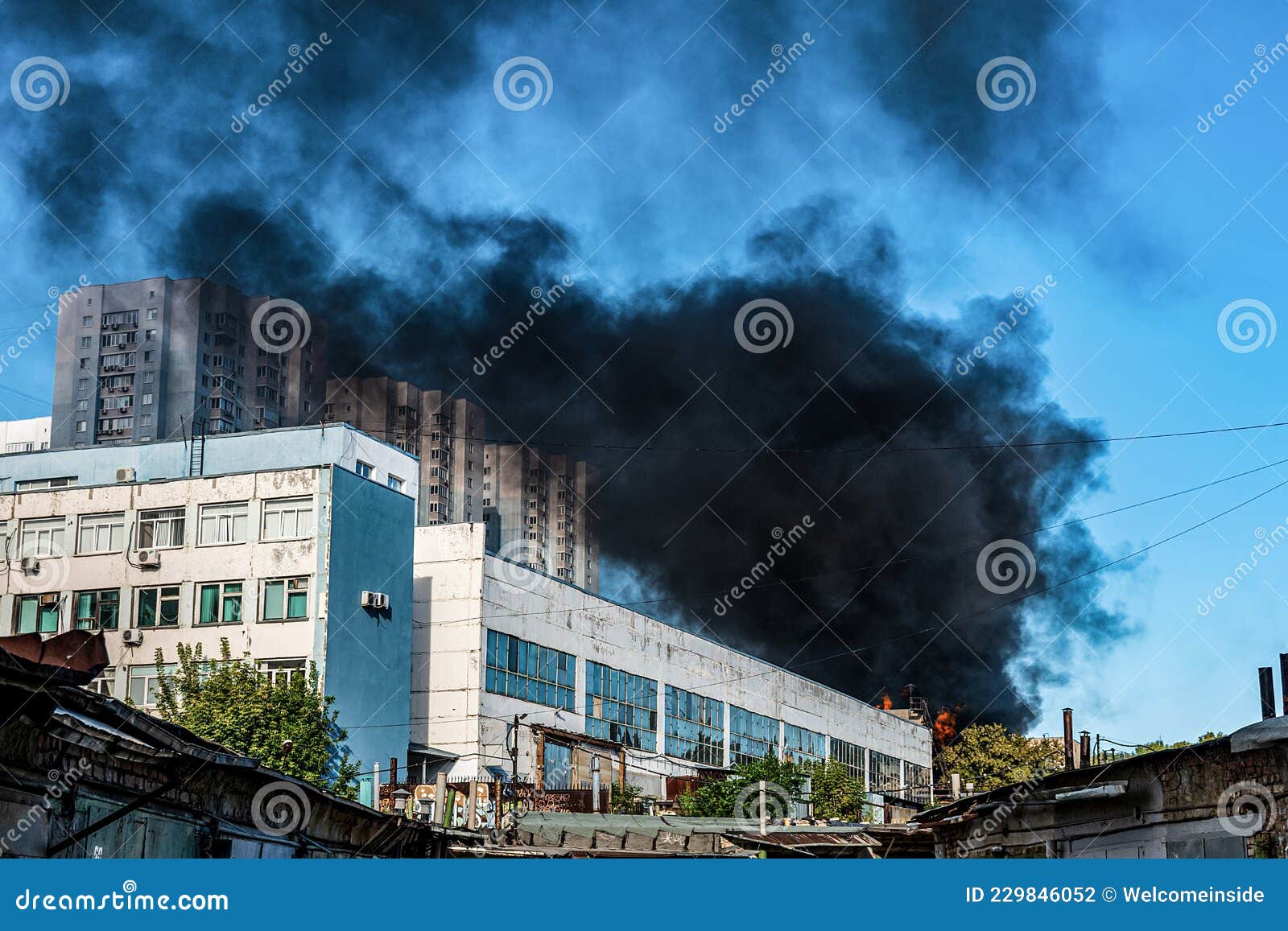Fire Accident. Abstract Factory Building in Fire Smoke Editorial ...