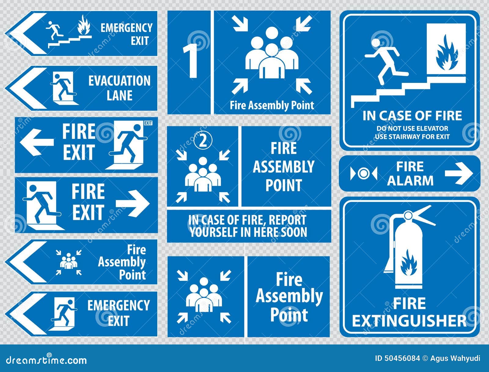 Fire Action Sign Set. Fire Alarm, Evacuation Route, Fire Extinguisher ...