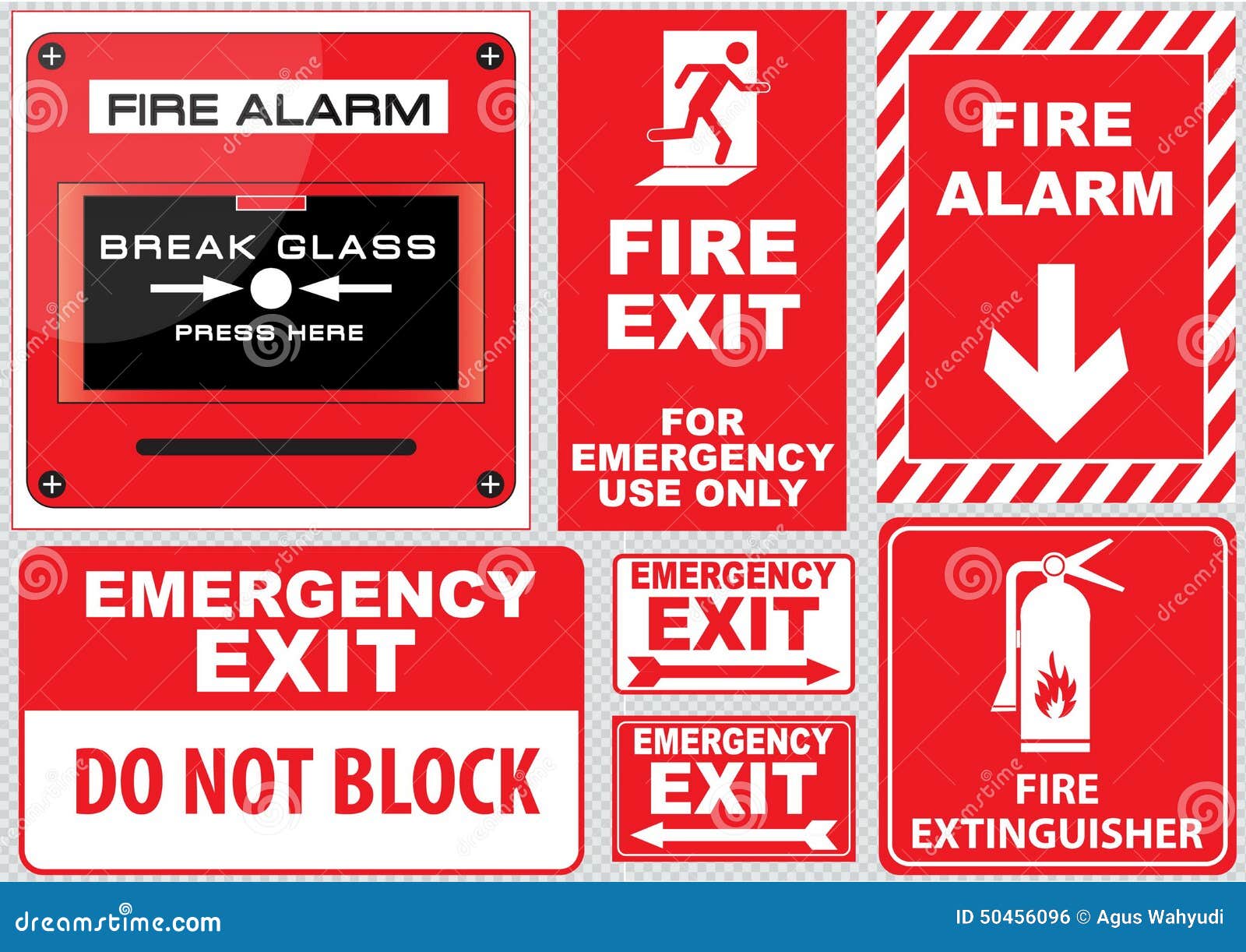 Fire Action Sign Set. Fire Alarm, Evacuation Route, Fire Extinguisher ...