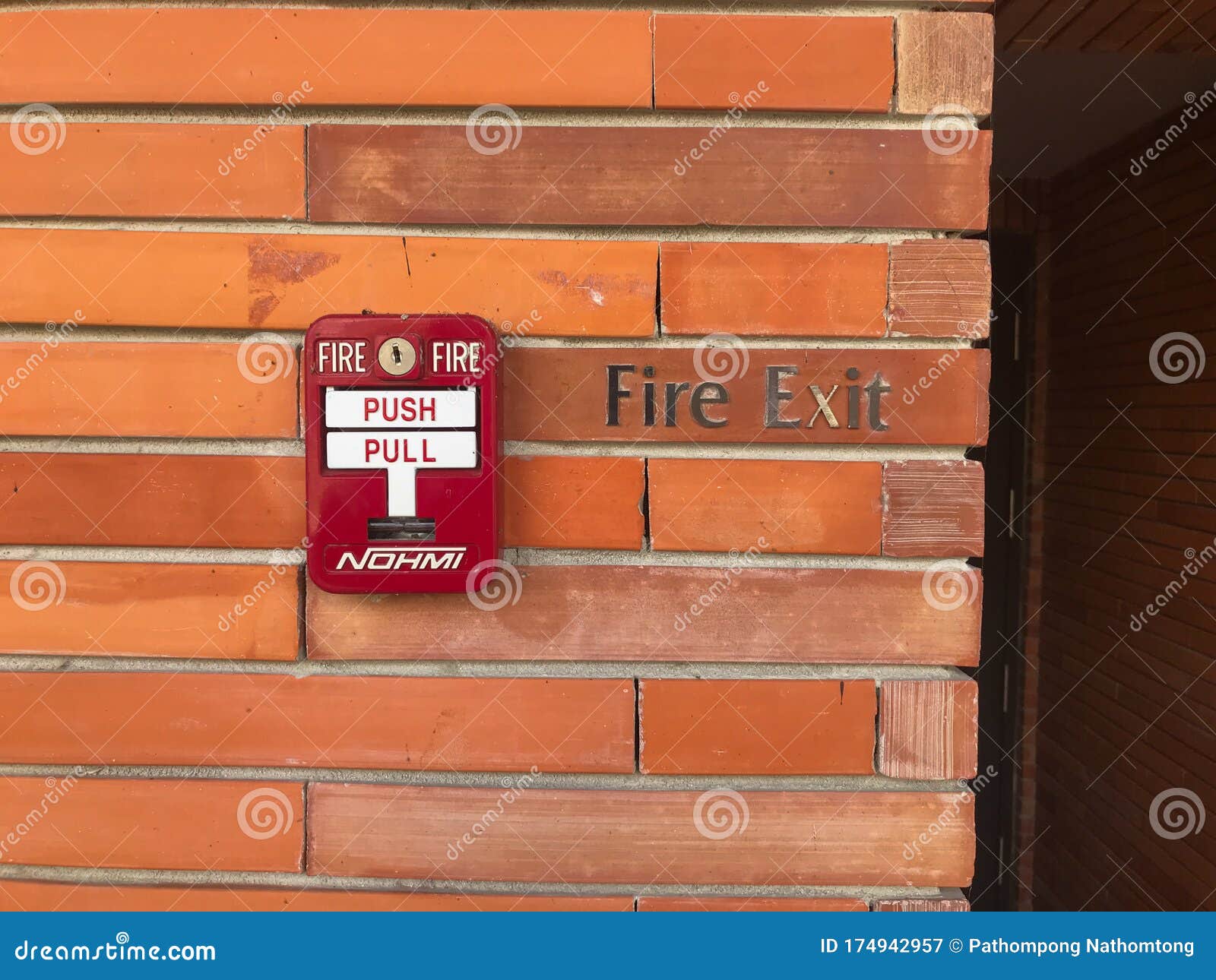 Alarm Bell and Emergency Door Exit on Brick Wall Stock Image - Image of ...