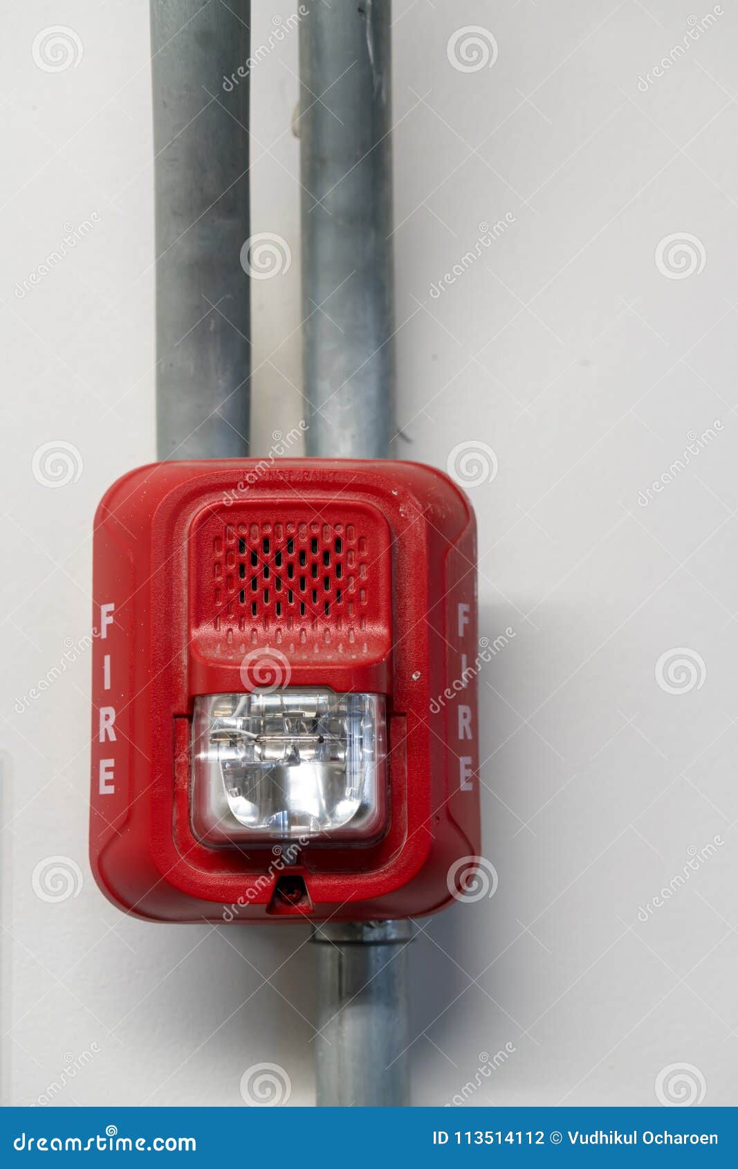 Fire Alarm Lighting in Red Plastic Case Installed Against White Stock ...