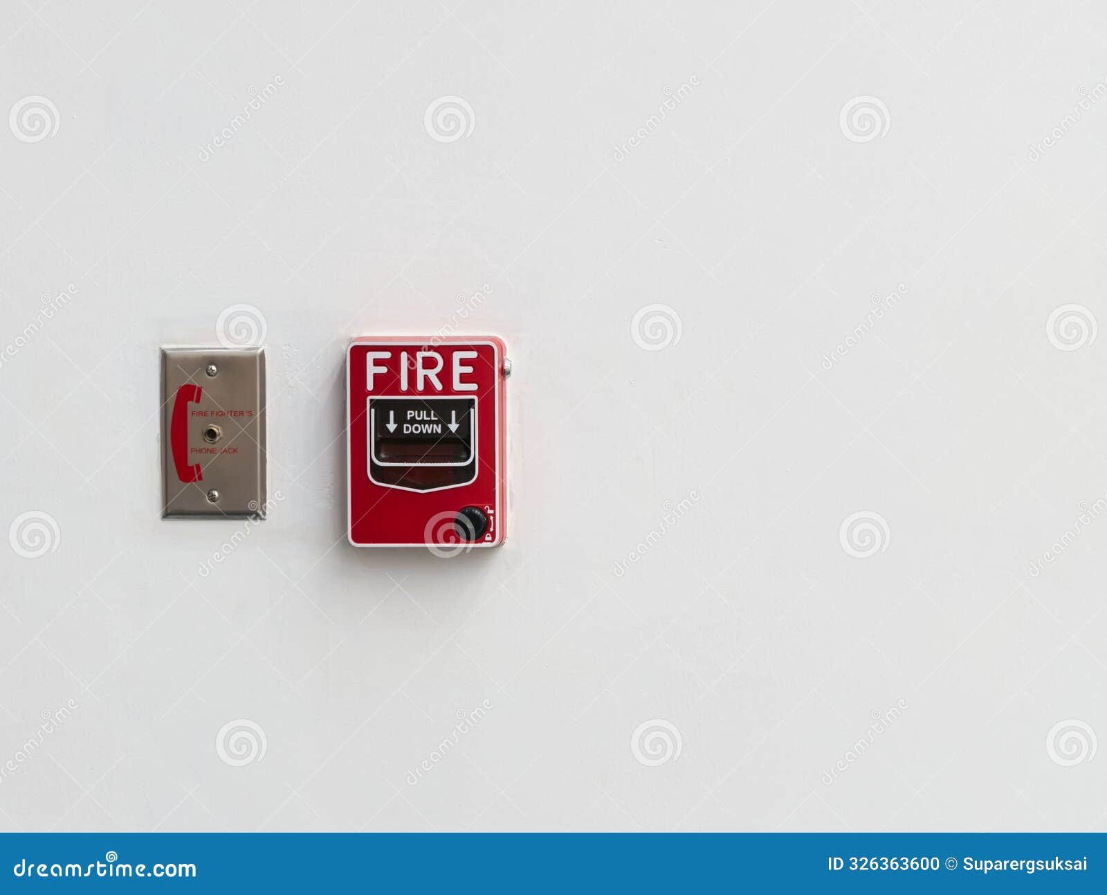 Pull-Down Fire Alarm Button Box and Phone Jack Connection Against White ...