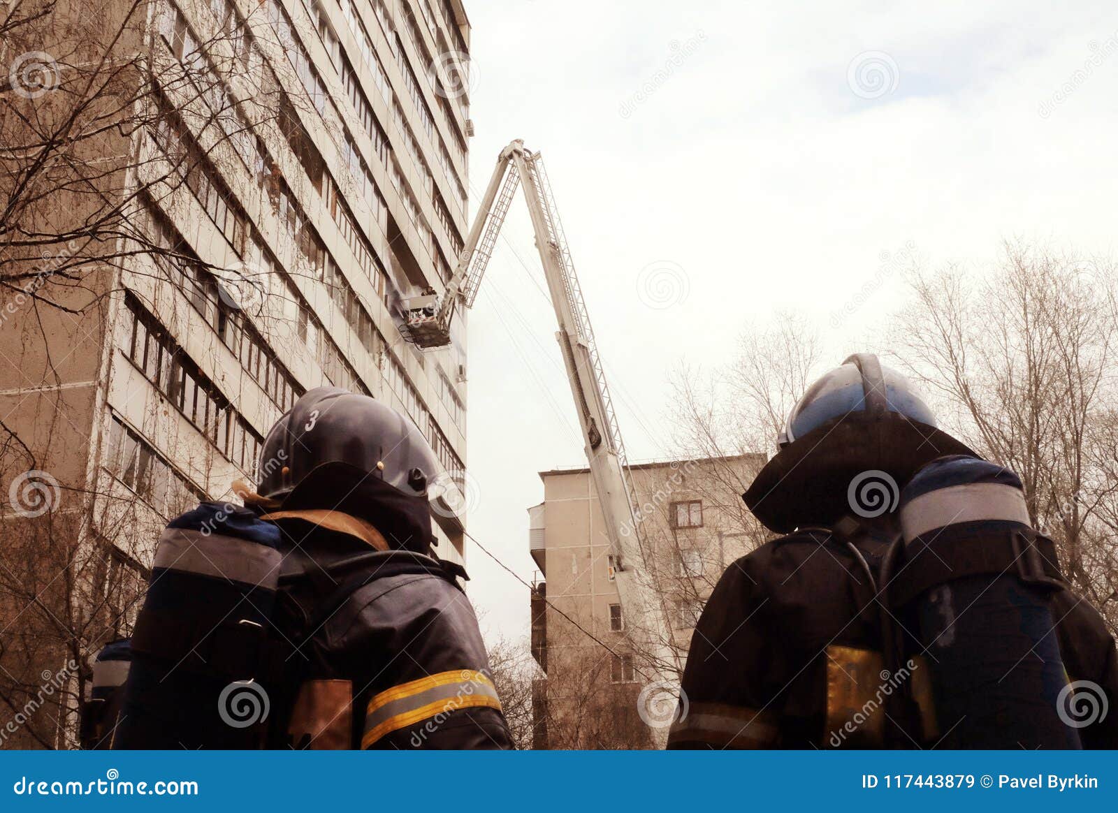 Fire In An Apartment Building, Firefighters Arrived In Fire Trucks And ...