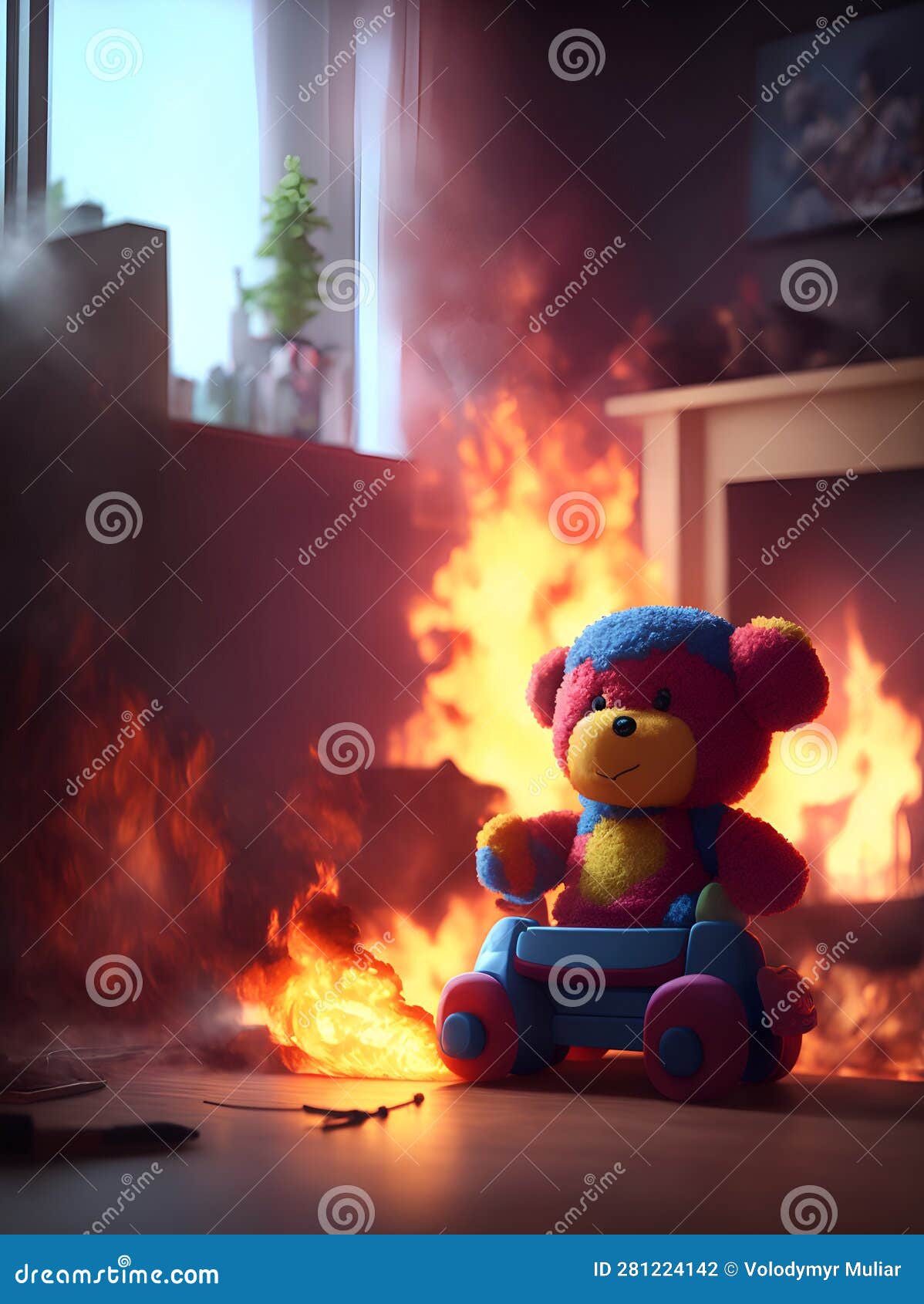 A Fire in an Apartment, a Children S Toy Teddy Bear in Front of a Fire ...